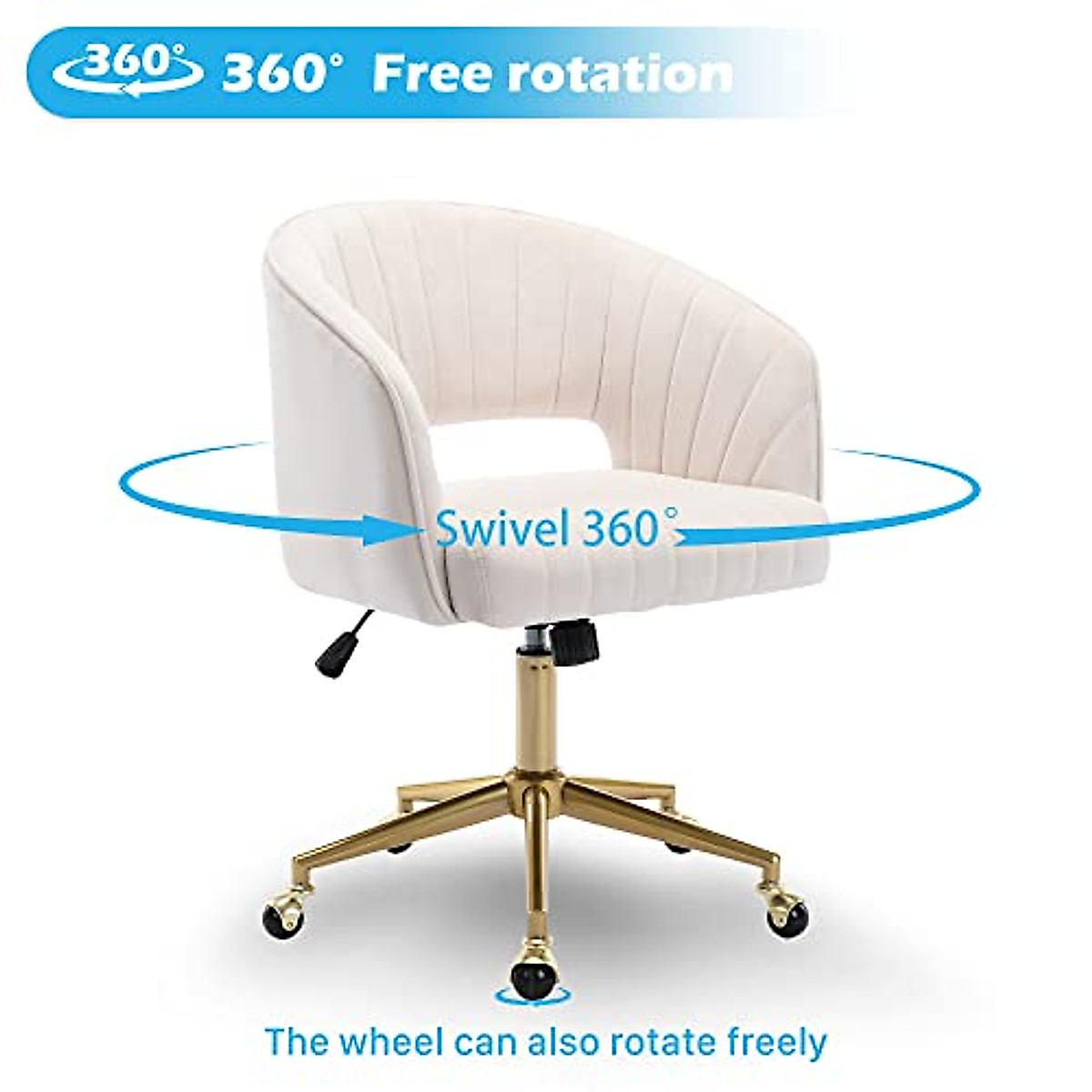 Home Office Chair Swivel Velvet Desk Chair Accent Armchair Upholstered Modern Tufted Chairs with Gold Base for Girls Women Ergonomic Study Seat Computer Task Stools for Living Room(Cream)
