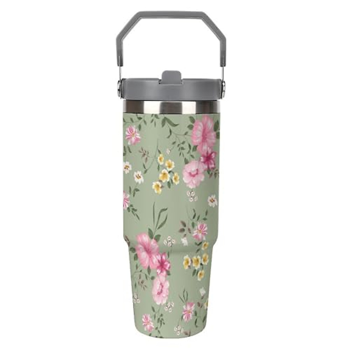 GemGam Stainless Steel Tumbler with Lid And Straw 30 Oz Top Handle Pink Vintage Flower Summer Leakproof Vacuum Insulated Water Bottle for Car Travel Tropical