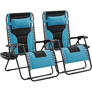 Yaheetech 29in Full Padded Zero Gravity Chair Oversized Outdoor Patio Folding Lounger Adjustable Portable Anti Gravity Recliner w/Carry Strap, Side Cup Tray, Pillow for Beach Yard Lawn Black/Aqua/2