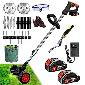 Cordless Weed Wacker, Electric Weed Eater Battery Powered 21V 2Ah, Lightweight Grass Trimmer/Lawn Edger/Mower/Brush Cutter, Push Wheeled No String Trimmer(5 Types Blades, Weeder Tool, Garden Yard Bag)