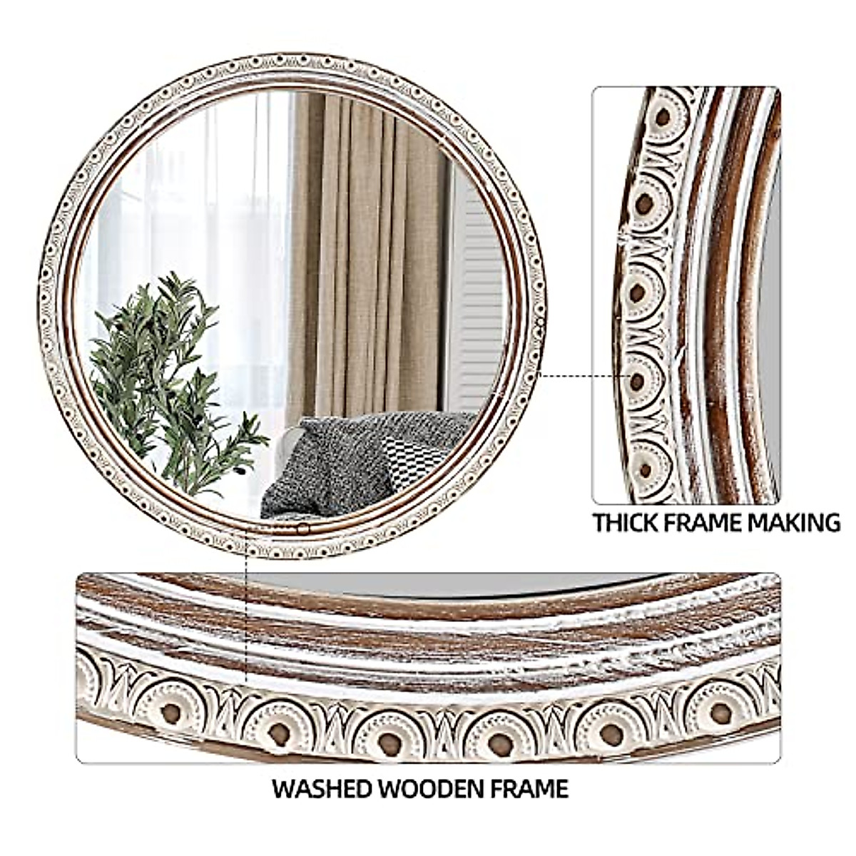 HCODCIBA Round Mirror 24 Inches, Farmhouse Wood Circle Mirror,Wall Mirror Decorative for Entryway,Bedroom, Living Room,Rustic Wooden Hanging Mirror