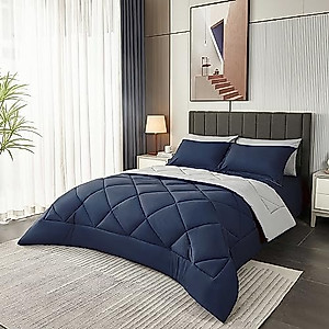 YANYIJING King Size Comforter Set - 8 Pieces Reversible Bed in A Bag King, King Bed Set with Comforters, Sheets, Pillowcases & Shams, Navy Blue King Bedding Set