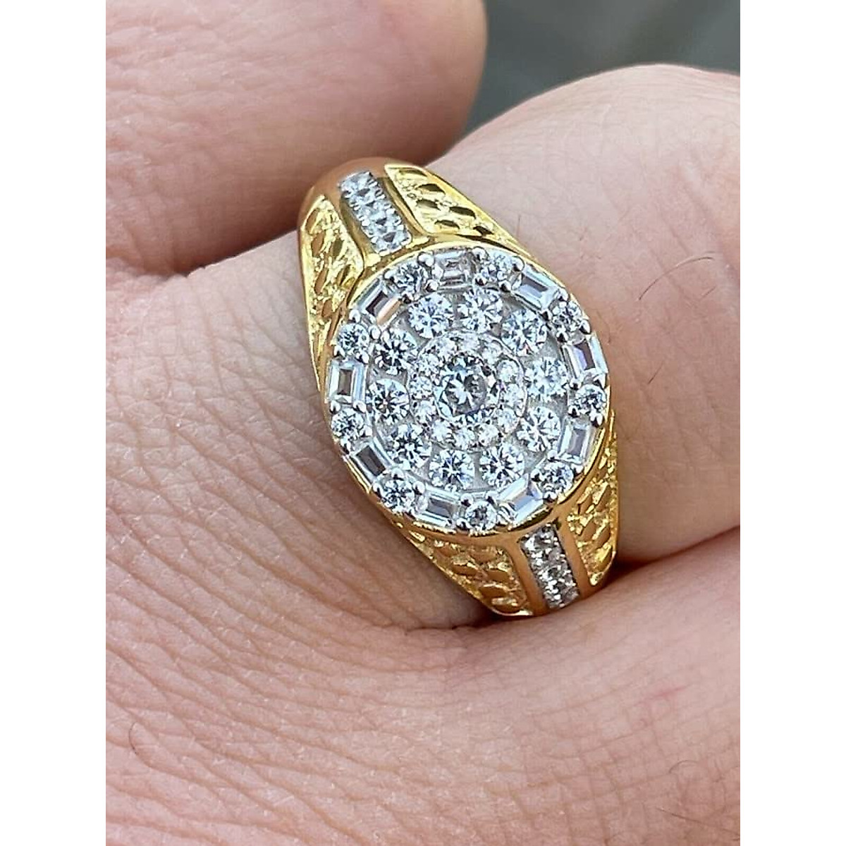 Iced CZ Nugget Ring - Men's 14k Gold Over Real 925 Sterling Silver Ring - Micropave Baguette Ring - Pinky Or Any Other Finger Ring (11)