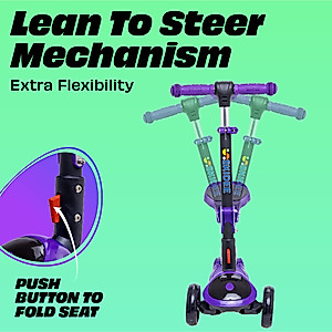Kick Scooters for Kids Ages 3-5 (Suitable for 2-12 Year Old) Adjustable Height Foldable Scooter Removable Seat, 3 LED Light Wheels, Rear Brake, Wide Standing Board, Outdoor Activities for Boys/Girls