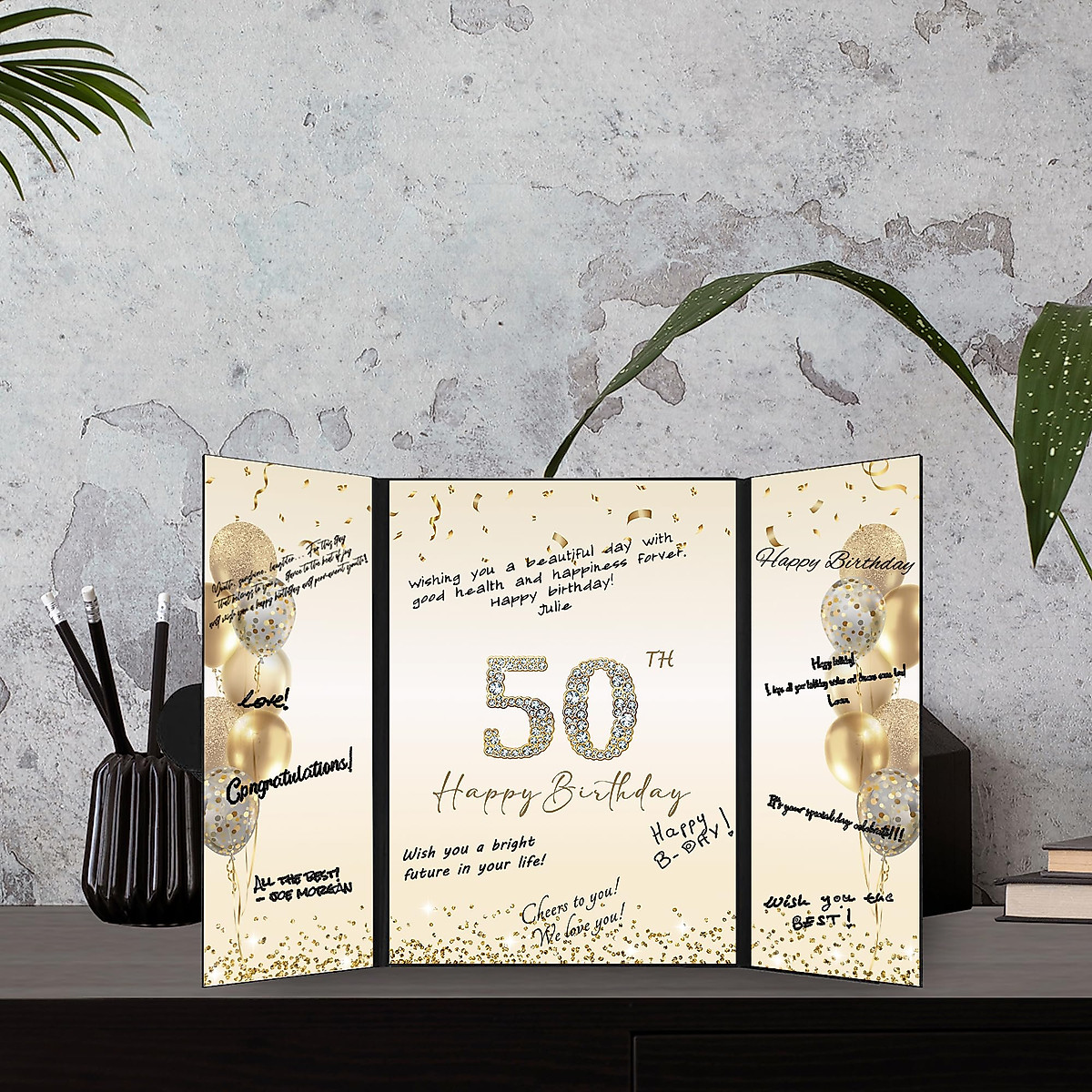 DARUNAXY Black Gold 50th Birthday Party Decorations, Happy 50th Birthday Alternative Signature Guest Book for Men Women Cheers to 50 Years Old Gifts 50 Birthday Signing Card Board Party Supplies