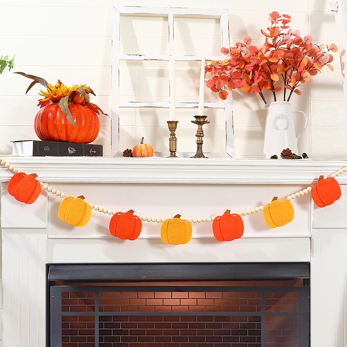 Fall Decor-Fall Decorations for Home-Felt Pumpkins Wood Bead Garland for Fall Decor- Halloween Thanksgiving Farmhouse Felt Pumpkins Banner for Fireplace Mantel Walls