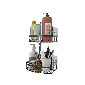 Ranjioer SUS304 Fan-Shaped Corner Shower Caddy,No Drilling Traceless Adhesive Bathroom Storage Organizer,Rustproof Wall Mounted Bathroom Shelf,Kitchen Spice Racks-2 Pack (Matte Black,Radius 9')