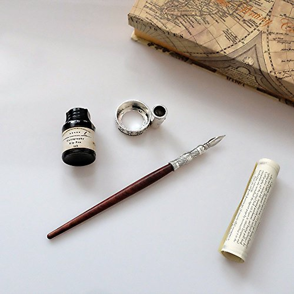 GC Antique Wooden Stem Pen Handcrafted Calligraphy Pen Set Dip Nib Pens-Writing Case With Black Ink Pen Holder Cartridges LL-18