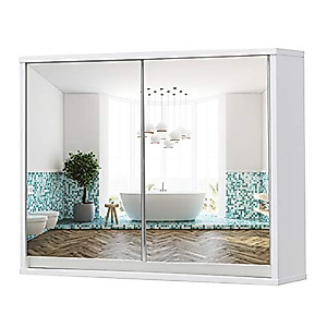 Tangkula Wide Medicine Organizer Bathroom Cabinet Double Mirror Door Wall Mount Storage Shelf White (22" Wood