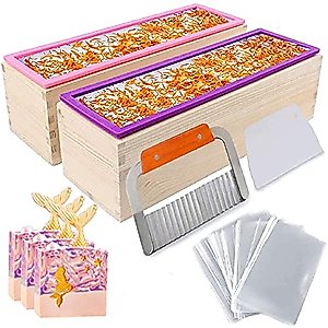 YGEOMER Soap Molds 2pcs 42oz, Silicone Soap Mold for Soap Making, Rectangular Loaf Soap Mold with Wooden Boxes, 2 Cutters and 100pcs Bags