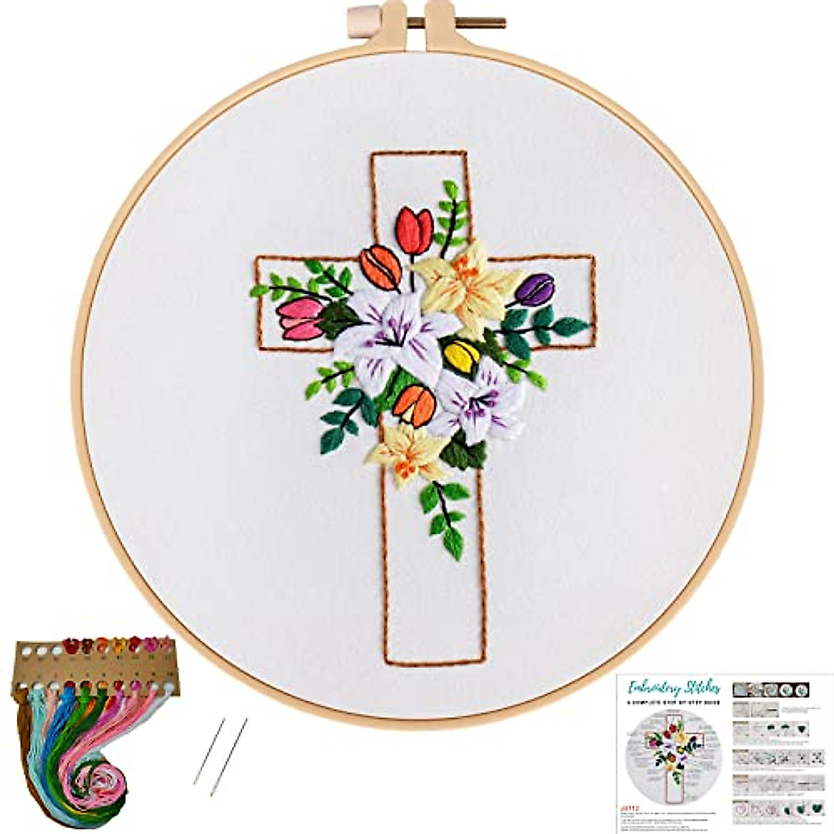 Louise Maelys Cross Lily Pattern Embroidery Starter Kit,Cross Stitch Kits for Adults with Embroidery Hoop Needles Threads Instruction -Easter Jesus
