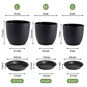 WOUSIWER Plant Pots 10/9/8 inch, Set of 3 Modern Decorative Plastic Planters with Drainage Holes and Saucers for House Plants Indoor Flowers Plants, Black