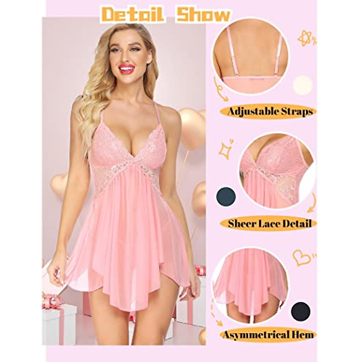 Avidlove Babydoll Lingerie for Women Sexy Lace Lingerie Drees Slutty Maternity Negligee Naughty Boudoir Lingerie(Pink,M)