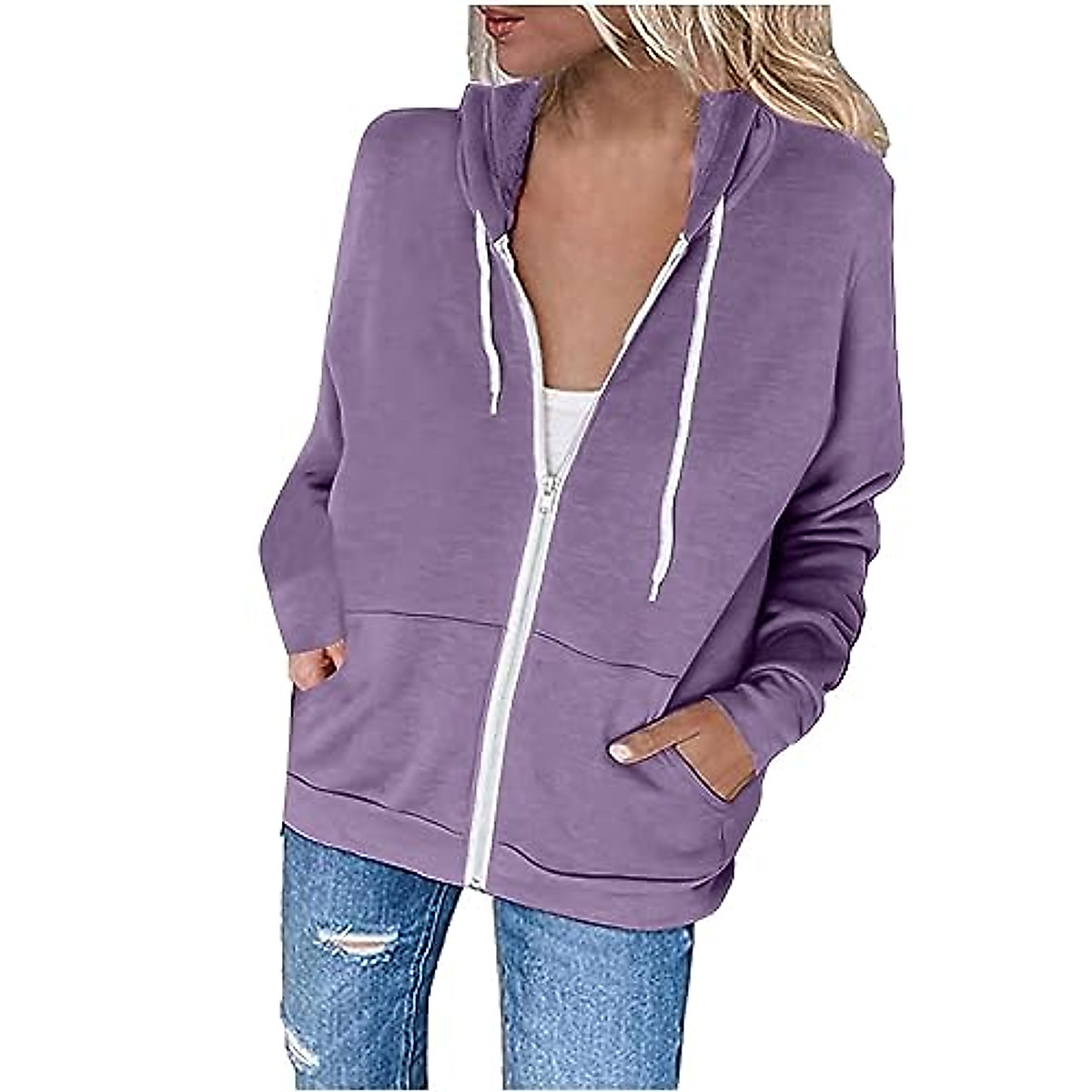 ZunFeo camo sweatshirt jewelry deals 2023 Zip Up Hoodie Y2k Women Long Sleeve Casual Sweatshirts Lightweight Drawstring Sweater Jackets Fall Fashion Clothes Purple M