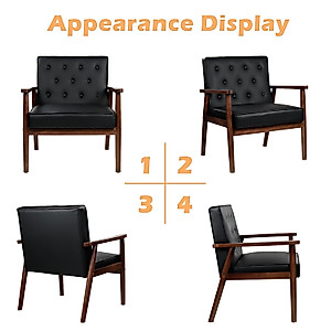 JIASTING Mid-Century Retro Modern Solid Wood Armrest Accent Chair, Faux Leather Tufted Back Upholstered Lounge Chairs, Living Room Furniture (Black 8325)
