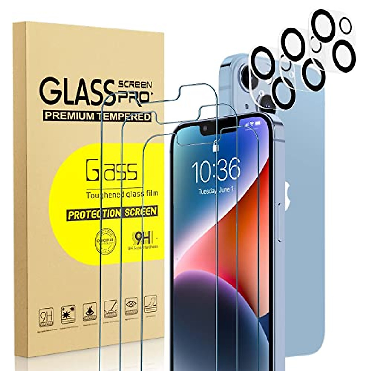 Denyunuo 3 Pack Screen Protector for iPhone 14 Plus 6.7'' with 3 Pack Camera Screen Protector, Ultra HD Clear Tempered Glass, 9H Hardness, Anti-Scratch, Easy Installation Frame, Bubble Free, Case Friendly