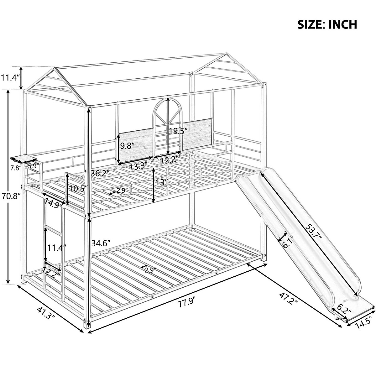 TURRIDU Twin Over Twin Size House Shape Bunk Bed, Modern Metal Housebed with Slide, Metal Slats, Safety Fence and Ladder, Window Pattern Design, Space-Saving, Easy Assembly, (Black with Black Slide)