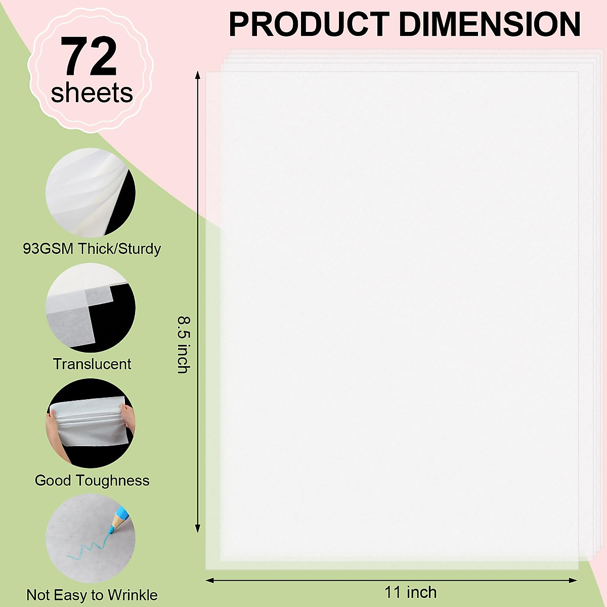 Phinus 72 Sheets Vellum Paper, Translucent Vellum Jackets Vellum Tracing Paper 8.5 x 11, Vellum Paper Printable for Sketching, Invitation Belly Bands, Gift Box Liners