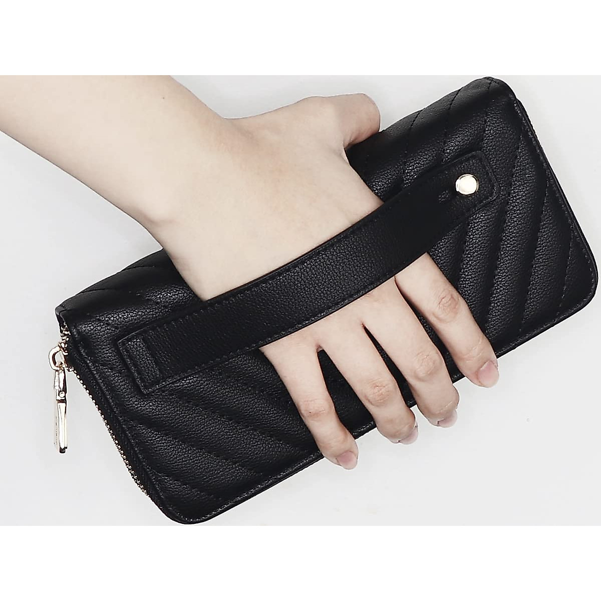 B BRENTANO Vegan Leather Double Zipper Pocket Wallet with Grip Hand Strap (Chevron Embroidered Blue)