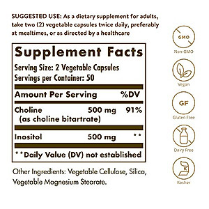 Solgar Choline/Inositol 500 mg/500 mg, 100 Vegetable Capsules - Energy Metabolism, Liver Health, Essential for Brain & Nerve Function - Non-GMO, Vegan, Gluten Free, Dairy Free, Kosher - 100 Capsules