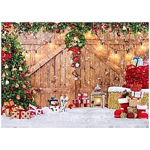 SJOLOON Rustic Christmas Barn Wood Door Backdrop for Photography Xmas Tree Snow Gift Wall Floor Party Photo Background Winter Holiday Family Supplies Banner Decoration Studio Props 12391 (7x5FT)