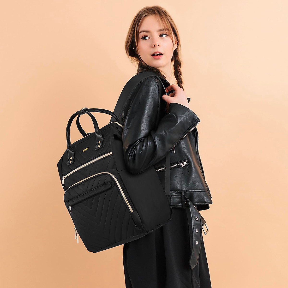 RJEU Women Computer Bags,Work Bag School Bookbag for Nurses Teacher,College Backpack Purse for Girls Travel Causual Commuter Mochilas de Mujer,Black