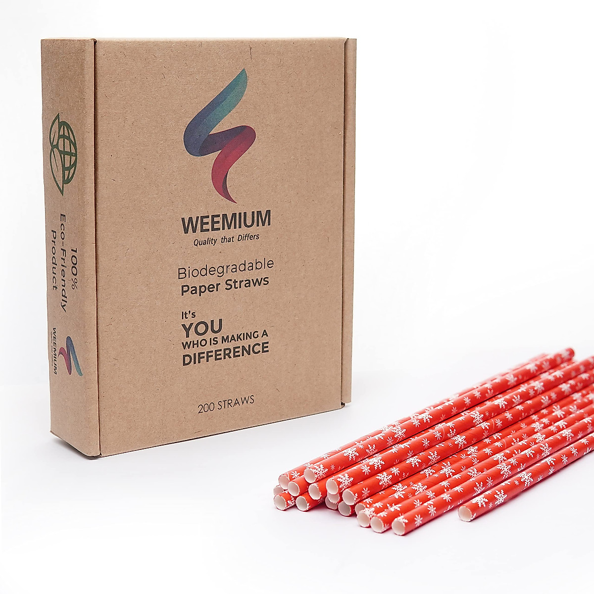 Weemium Christmas Paper Straws - Pack of 200 in 10 Designs - Biodegradable Christmas Straws for Drinking, Party & Crafts