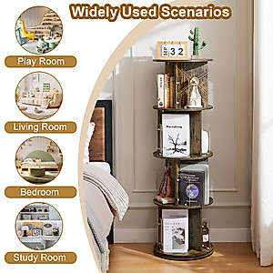 VECELO 4 Tier Revolving Bookshelf Tower, 360° Display Floor Standing Storage Rack with Acrylic Visible Window Partition for Bedroom, Living Room Home and Office, Brown