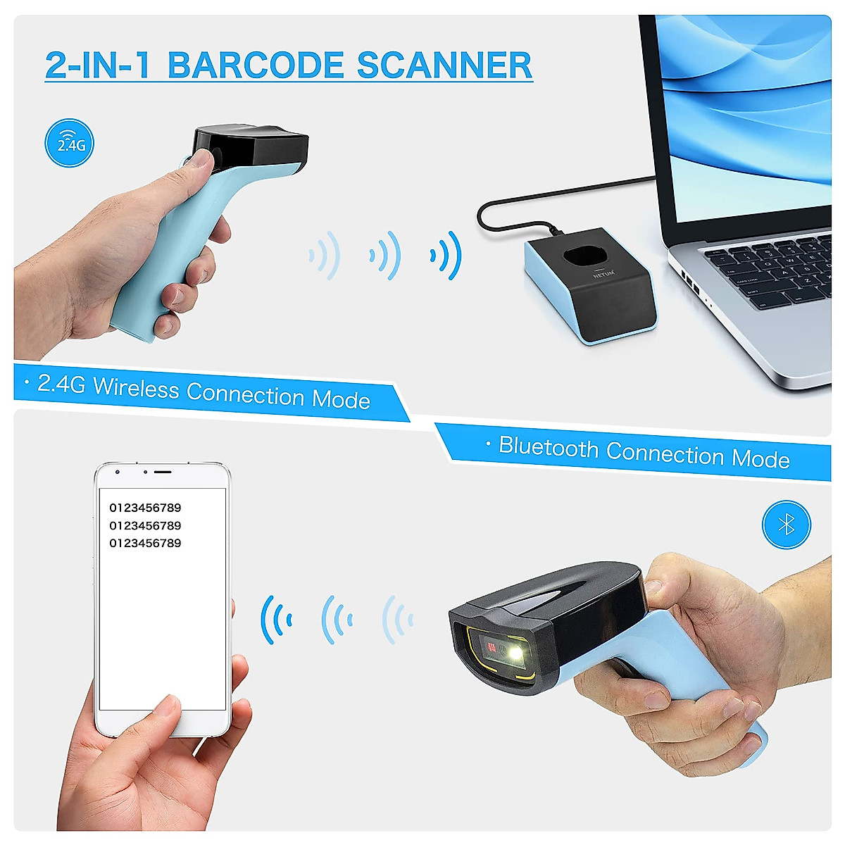 NETUM Bluetooth Wireless 2D Barcode Scanner Automatic, Hands Free Barcode Reader with Charging Cradle and Built-in Memory, Fast and Precise scanning, Transfers Up to 50 Meters - DS7500