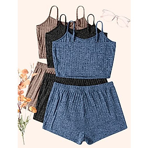 Ekouaer Sexy Loungewear Set for Womens Rib-Knit Outfits Camisole Top with Shorts Lounge Pj Set Khaki Black Plain Blue,Medium