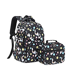 ZHIERNA School Backpack with Lunch Bag for Teen Girls,15.6’’ Laptop Backpacks, 2Pcs Set College Bookbags with Reflective Tape (Black)