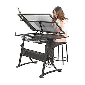 VejiA Drafting Table with Storage, Height Adjustable Tiltable Art Desk, Glass Panel Drawing Desk, for Work Study Painting Craft Table