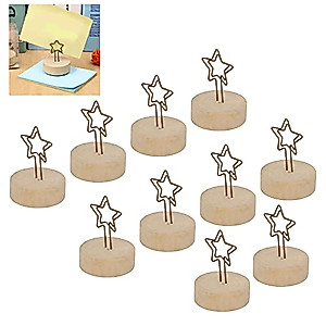 10PCS Number Holder, Wooden Base Place Card Holder, Star Shaped Iron Wire Photo Clip Table Sign Stand Number Holder Table Card Picture Memo Note Photo Picks Clip Stand for Christmas Party Wedding Home