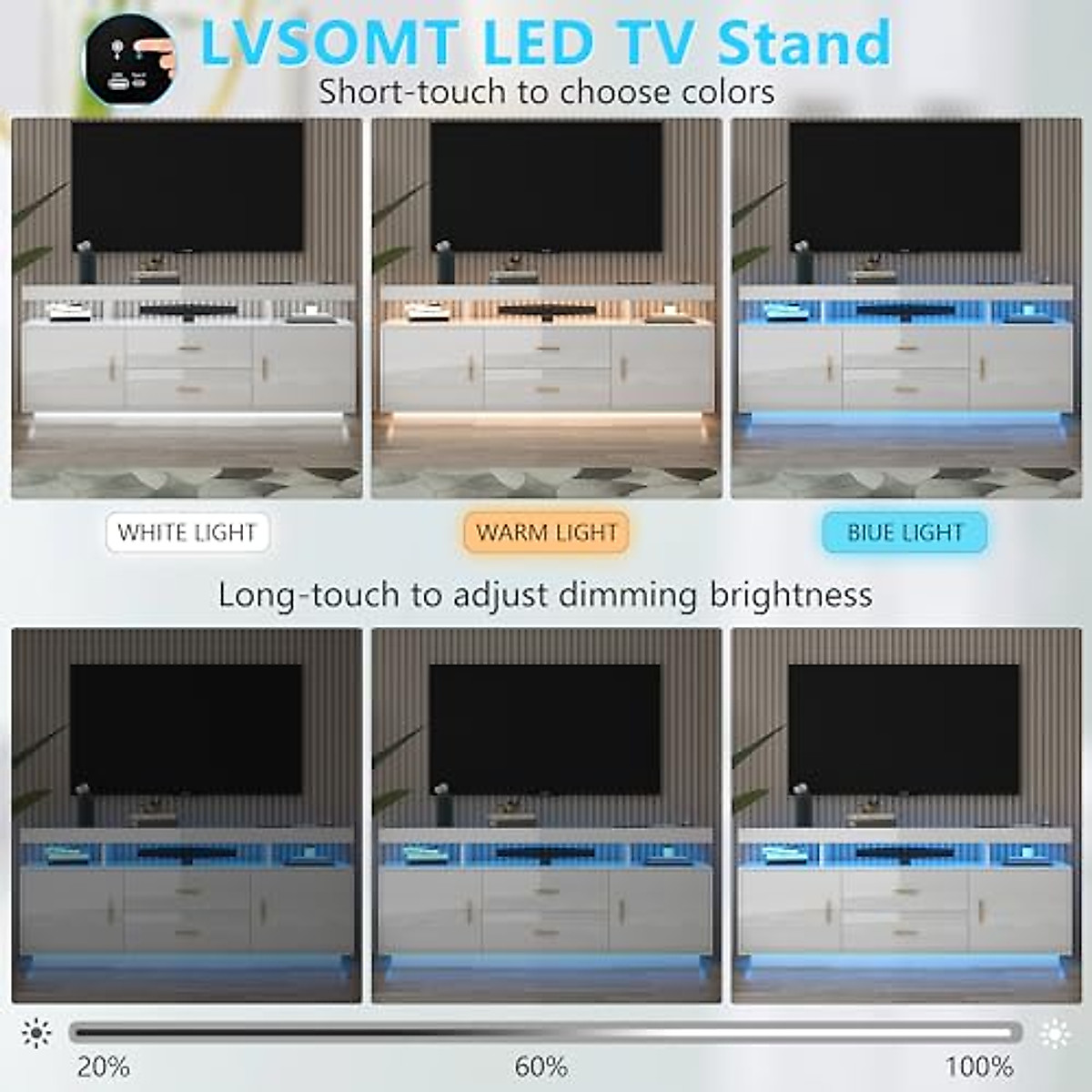 LVSOMT High Gloss Entertainment Center White with 3-Colors Lighting, LED Modern TV Stand for 65+ inch TV, Home Storage Cabinet, Console Media Cabinet for Living Room (Pearl White)