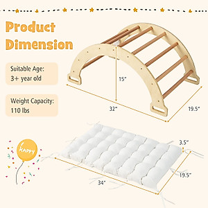 Costzon Wooden Arch Rocker with Cushion, 3-in-1 Montessori Climbing Toys for Toddlers, Children Indoor Outdoor Playground Climbing Gym Learning Playset, Arch Climber Ladder for Kids Gift Presents