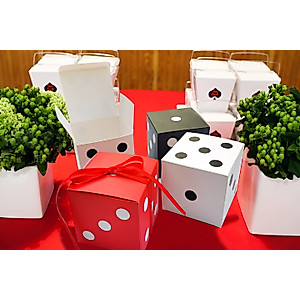 24 Pack Dice Favor Boxes 4x4x4 inches casino theme party decorations dice Boxes Bulk for centerpieces with Ribbon dice Game Night Party Decorations Casino Night Party Decoration , Black Red White