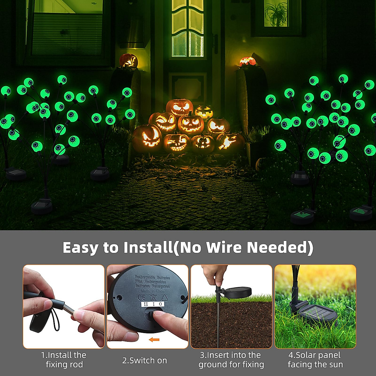 2PACKS 16LED Solar Scary Eyeball Lights Halloween Decor Outdoor, 28" Halloween Solar Powered Firefly Yard Lights Waterproof Outside Swaying Decorations for Garden/Lawn/Party, 2 Modes (Green)