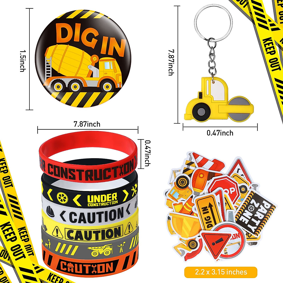 Construction Party Favors Construction Theme Birthday Party Supplies Mini Construction Vehicles Toy Rubber Bracelet Keychain Stamper Button Pin Truck Stickers Bags for Birthday Party Gift (12 Sets)