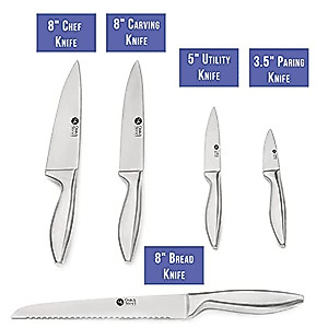 Oak & Steel 13 All-In-One Stainless Steel Chef Knife & Kitchen Cooking Utensil Set - Rotating Stand with Built-in Sharpener, 7 Cooking Tools, 5 Professional Knives