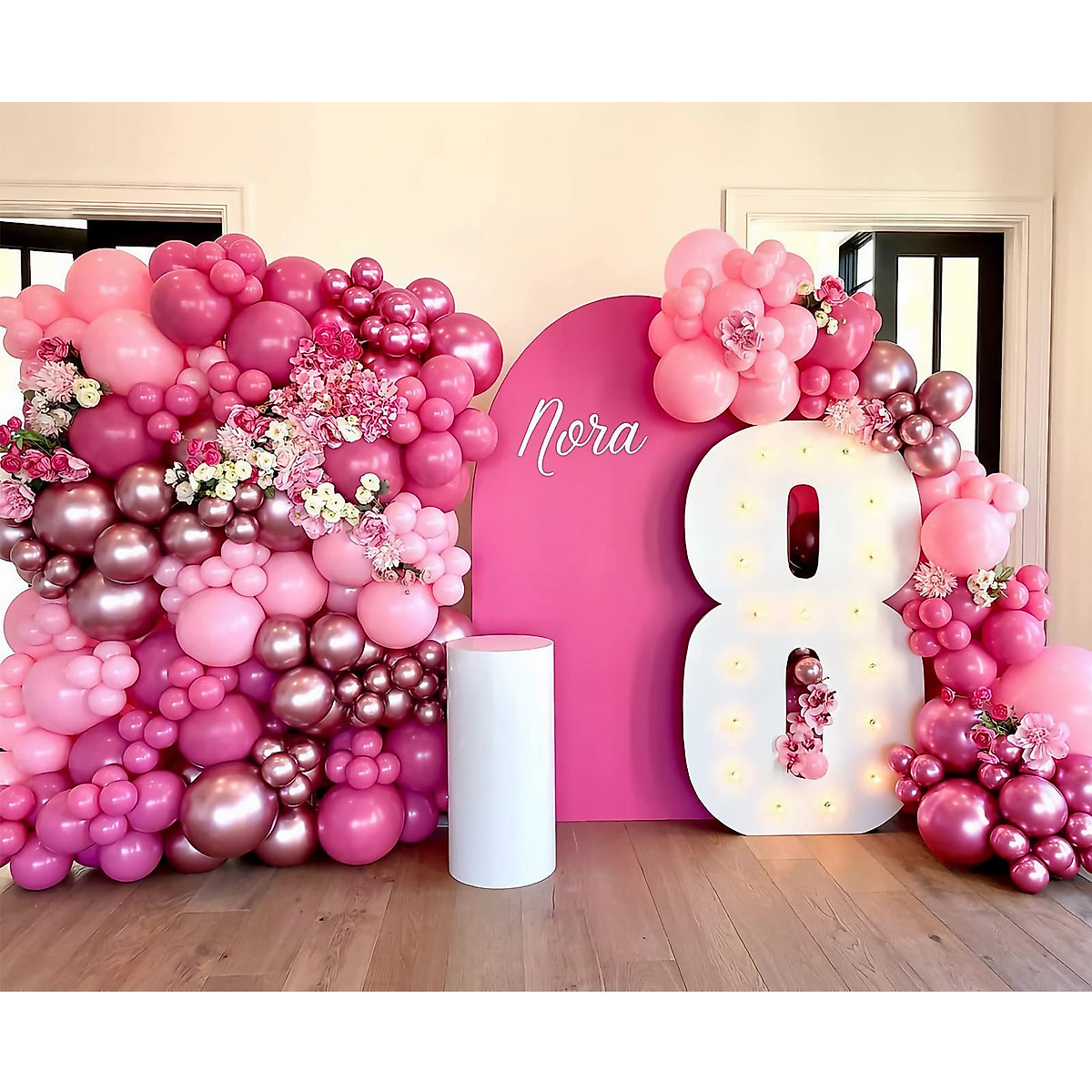 Chamrrille 203PCS Rose Pink Balloon Garland Kit, Metallic Pink & Magenta & Pastel Pink & Hot Pink Balloons for Wedding, Princess Theme Birthday, Bridal Shower Decorations