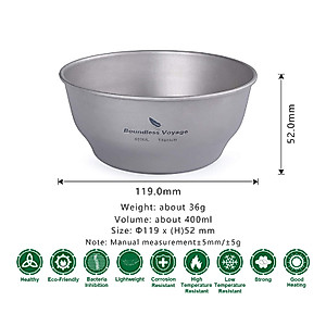 Boundless Voyage 400ml Camping Titanium Single-Walled Bowls Lightweight for Outdoor Hiking Dinnerware A-Ti1105T