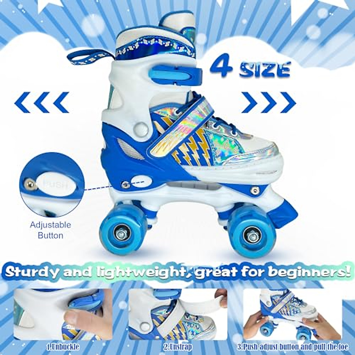 whicow Roller Skates for Boys Girls, 4 Sizes Adjustable Quad Skates for Kids with All Light up Wheels, Full Protection for Toddler's Indoor and Outdoor Sports (Blue, Medium (3Y-6Y US))