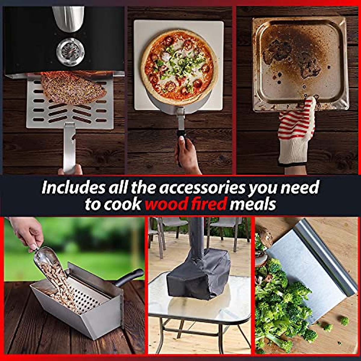 Deco Chef Outdoor Pizza Oven with 2-in-1 Pizza and Grill Oven Functionality, 13" Pizza Stone, Portable 3-Layer Stainless Steel Construction, Pizza Peel, Dough Scraper, Scoop, Slotted Grill (Black)