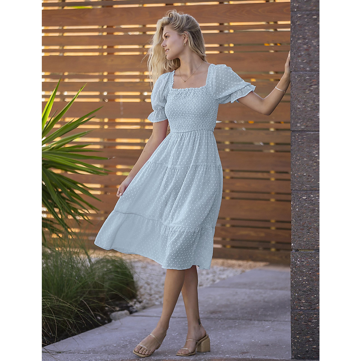 MEROKEETY Women's 2023 Summer Casual Bubble Sleeve Smocked Boho A-Line Pleated Chiffon Dresses, Blue, L