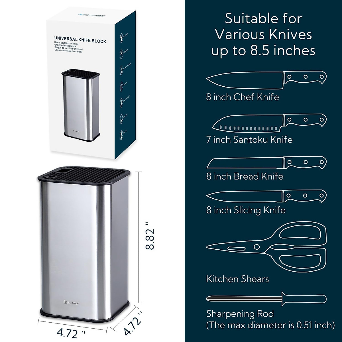 KITCHENDAO XL Stainless Steel Universal Knife Block Holder Without Knives, with Slots for Scissors and Sharpening Rod, Detachable for Easy Cleaning, Slotless Knife Holder Storage for Kitchen Counter