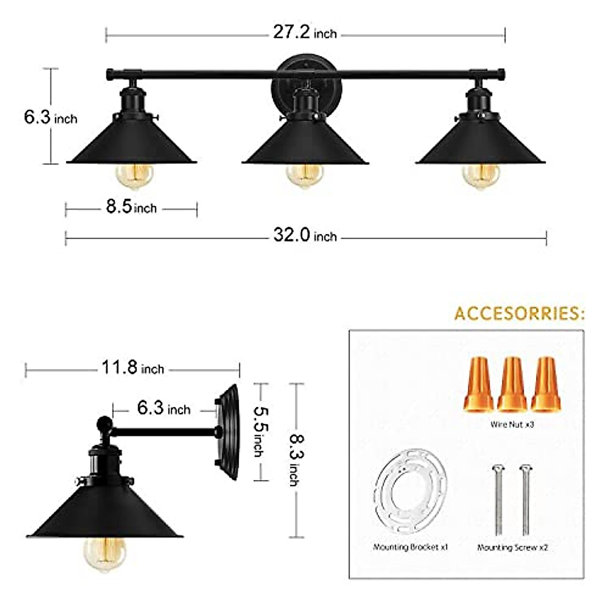 Alynzee Bathroom Vanity Light Fixtures,Farmhouse Wall Sconce Industrial Kitchen Wall Lighting with Matte Black Cone Metal Shade (3 Light)