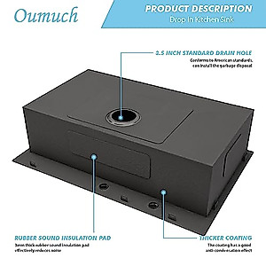 Oumuch 33 Inch Undermount Kitchen Sink Stainless Steel 33" Single Bowl Undermount Sinks 18 Gauge 33x19 In Single Basin Sink