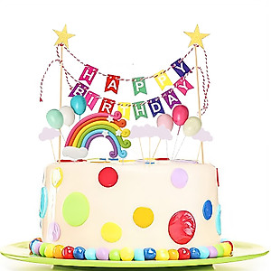 BIEUFBJI Rainbow Cake Topper, 15-Piece Cake Decoration Set, Lnclude Colorful Rainbow Clouds Balloon Stars, For Boy Girl Kid Birthday Baby Shower Party Baking Decoration Supplies
