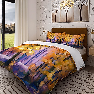 Batmerry Oil Painting Landscape Queen Size 3 Pieces Bedding Comforter Cover Sets,Soft Fluffy Colorful Autumn Trees Semi Abstract Pattern Printed Duvet Cover for All Season