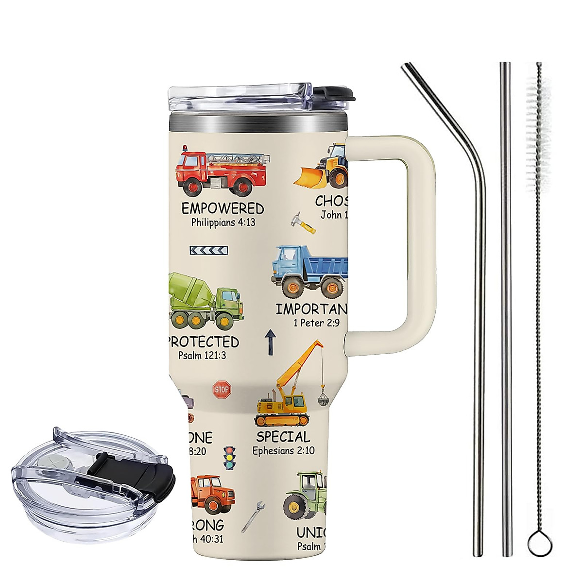 Christian Truck Gifts, 40 Oz God Says I Am Construction Truck Tumbler With Handle, Christian Gifts for Boys, Inspirational Religious Birthday Gifts for Truck Lover Bible Verse Cup, Construction gifts